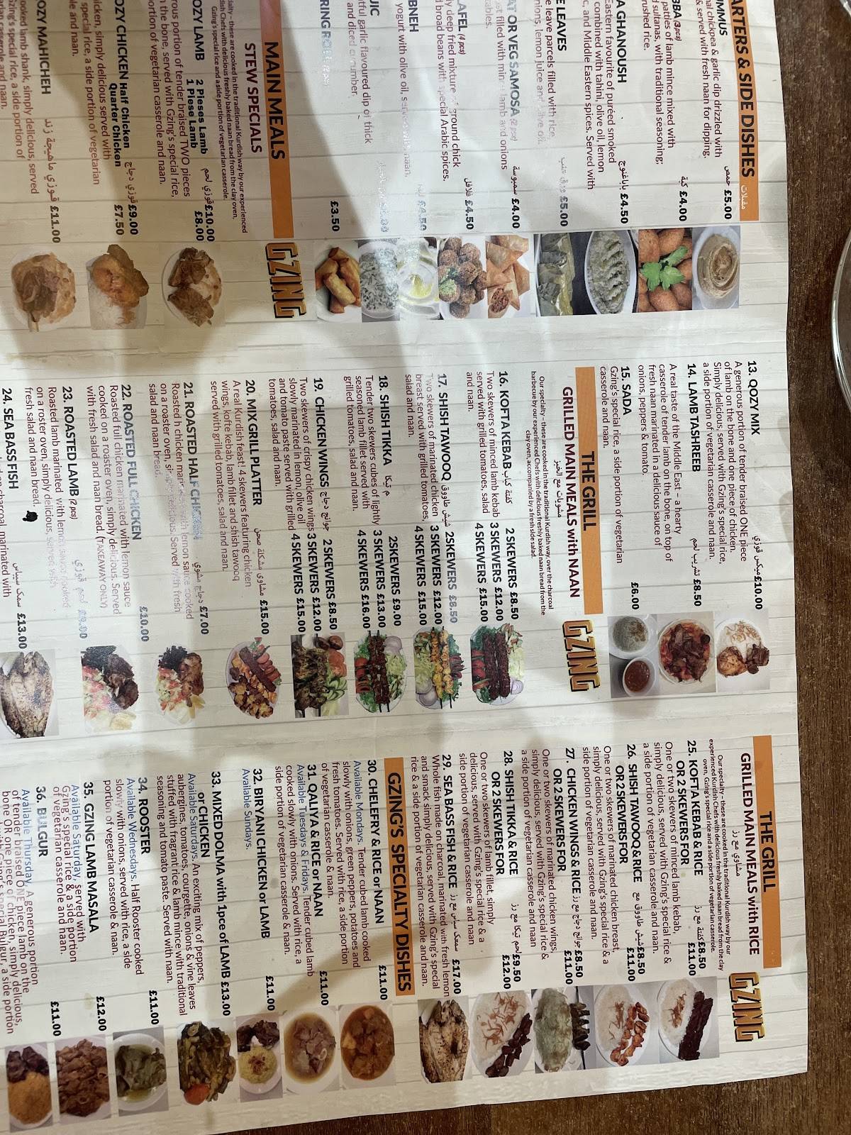 Menu at Gzing Restaurant خواردنگەی گزنگ, Leeds, Cherry Row