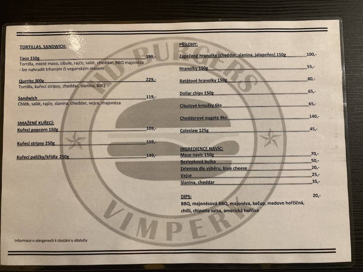 Carta del restaurante HD Burgers, Vimperk