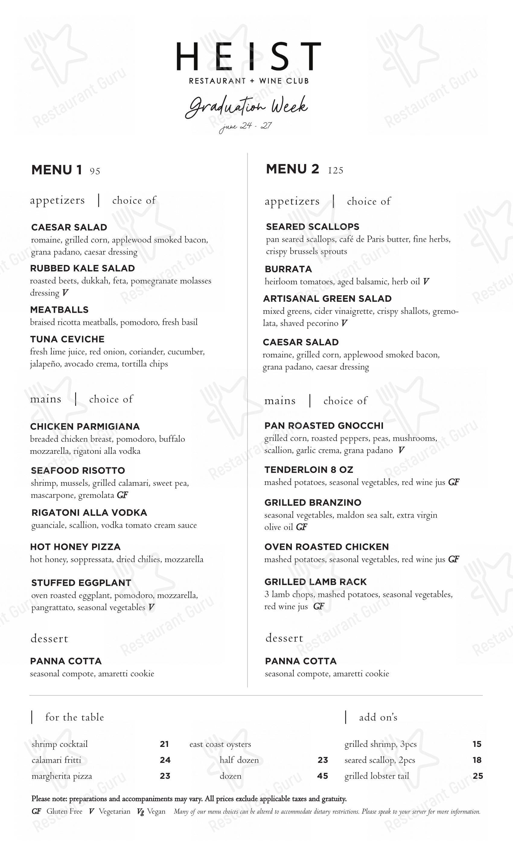 Menu at HEIST Restaurant + Wine Club, Kingston