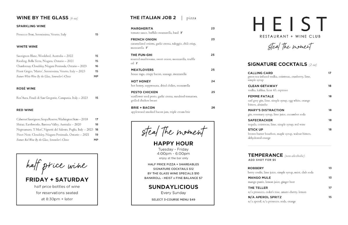 Menu at HEIST Restaurant + Wine Club, Kingston