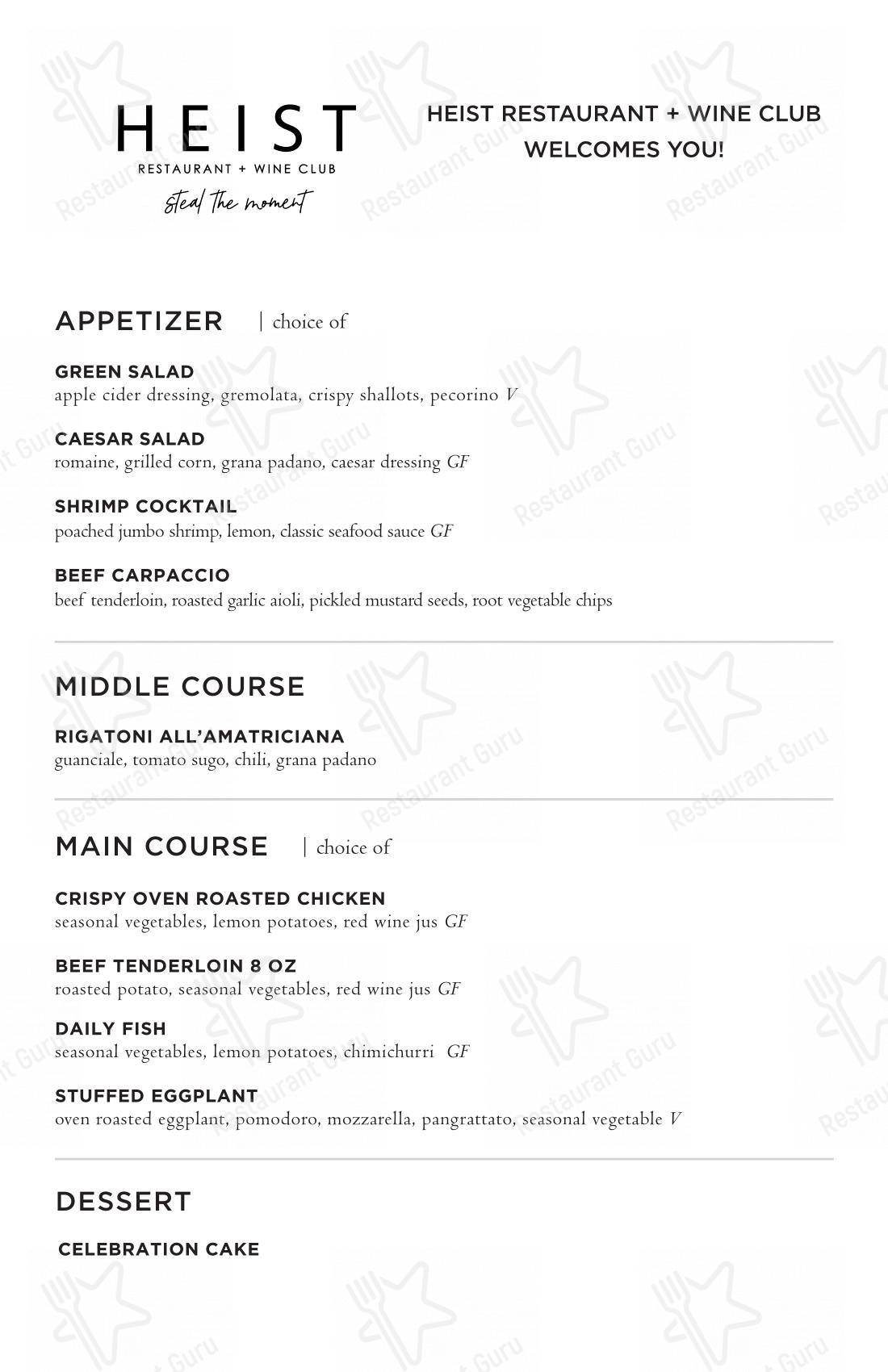 Menu at HEIST Restaurant + Wine Club, Kingston