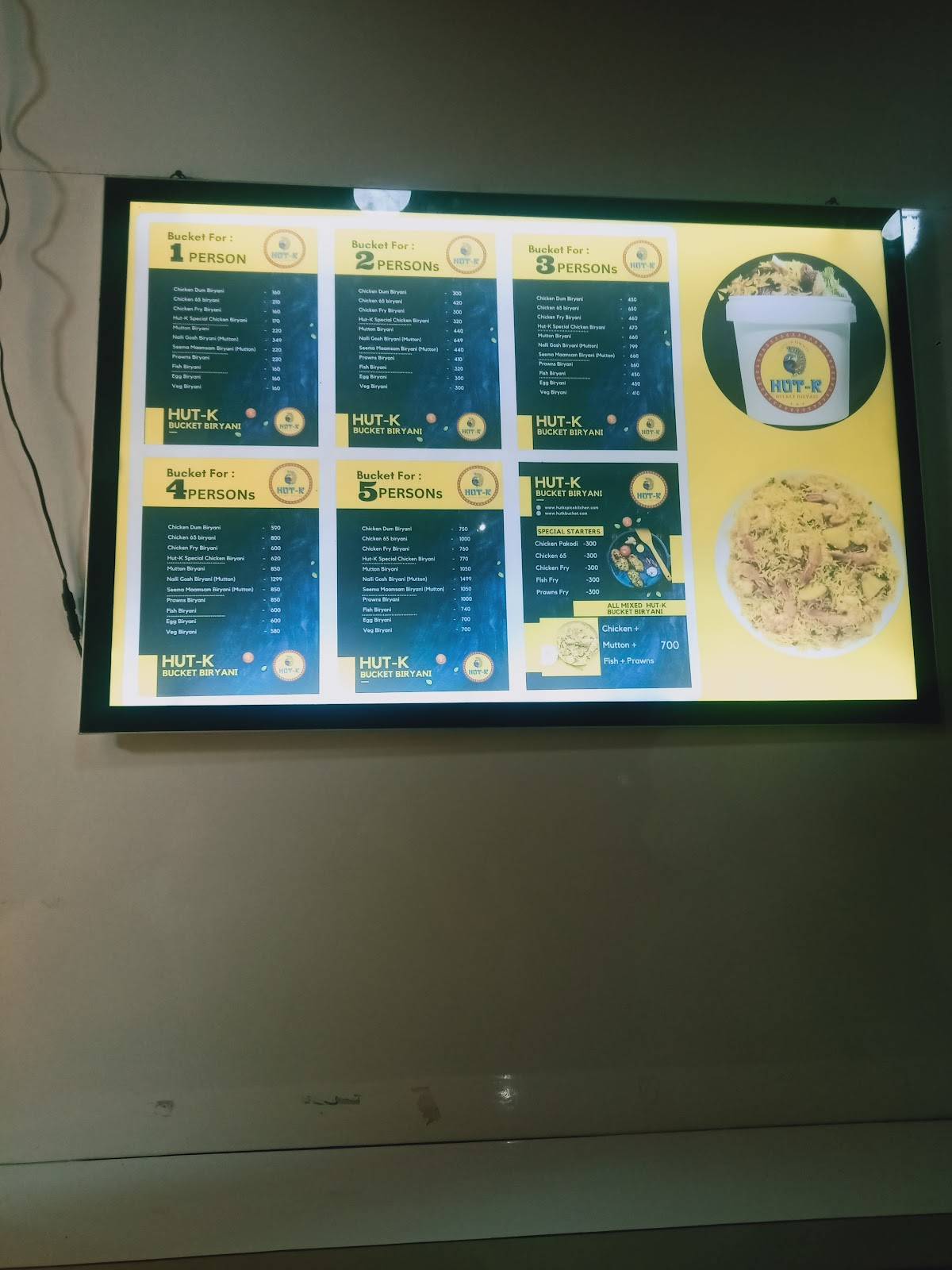 Menu at HUT K BUCKET BIRYANI, Hyderabad