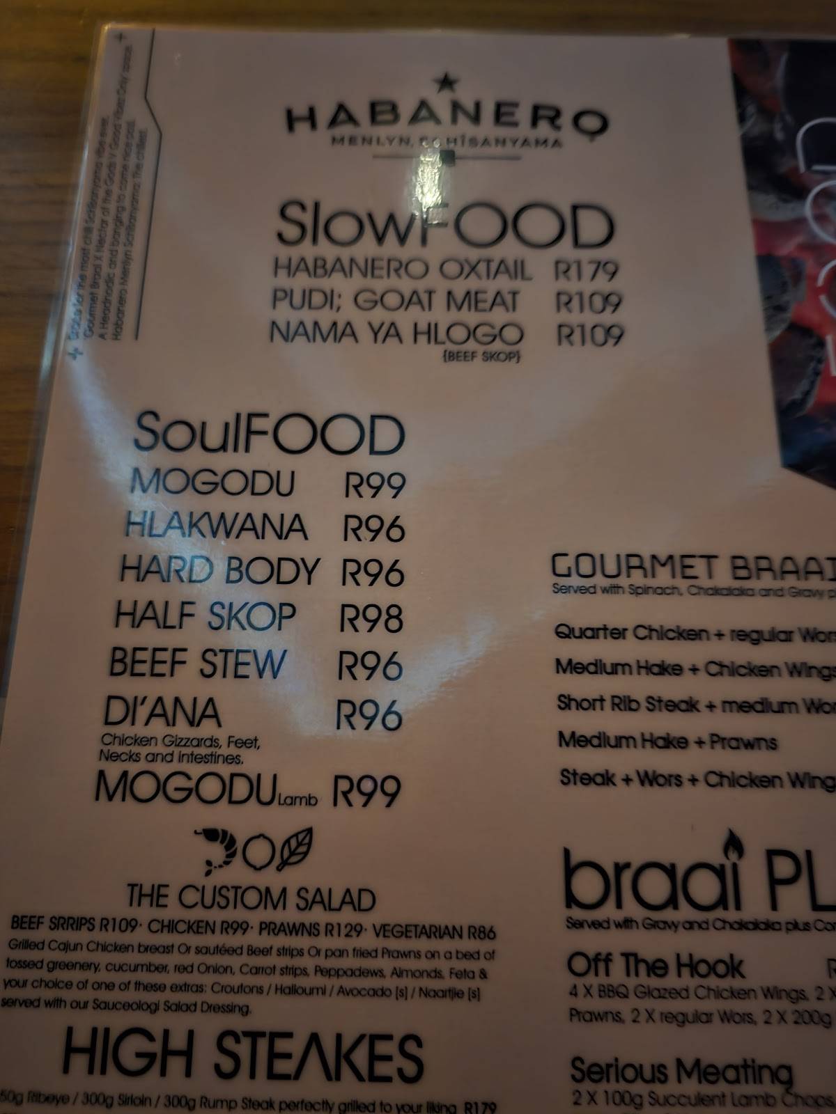 Menu at Habanero Menlyn Schîsanyama restaurant, Pretoria
