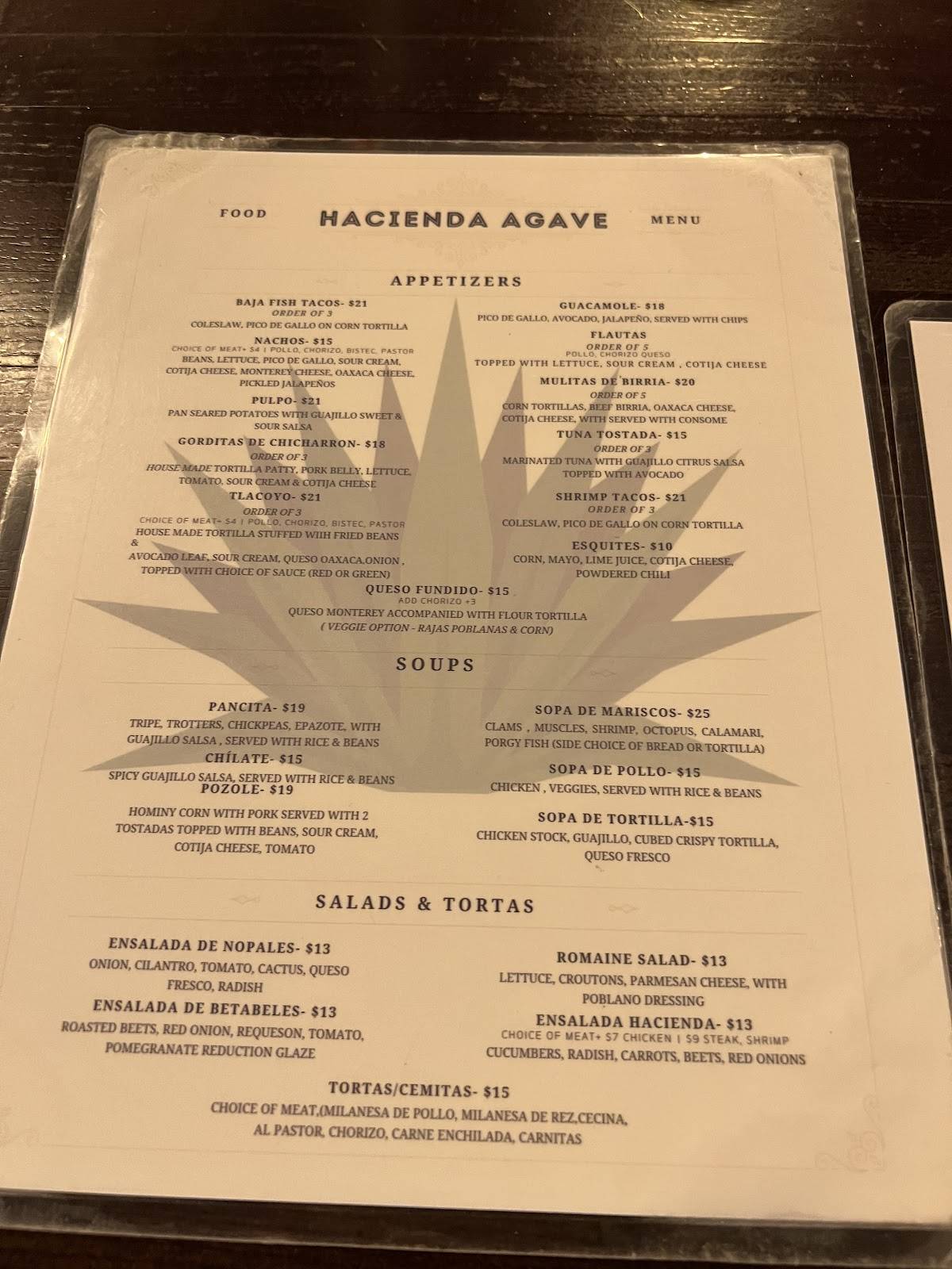 Menu at Hacienda Agave restaurant, New York City