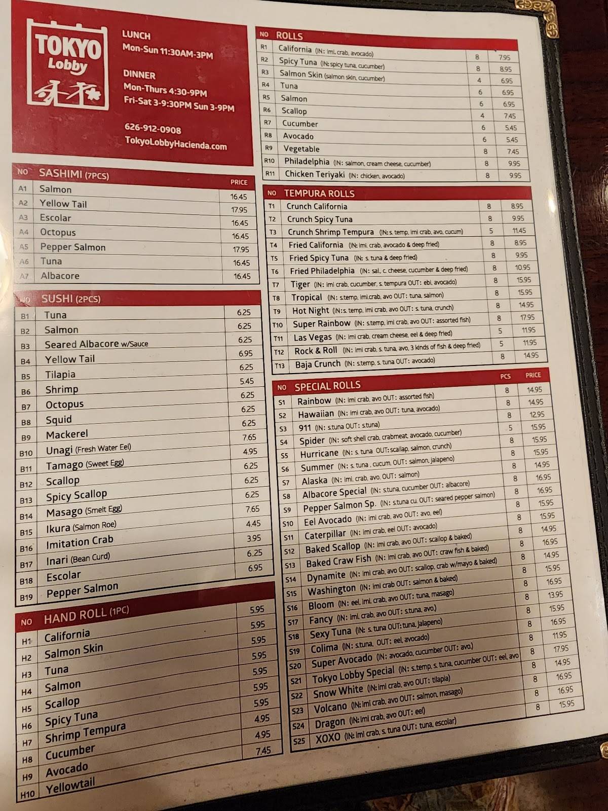 Menu at Tokyo Lobby Restaurant, Hacienda Heights