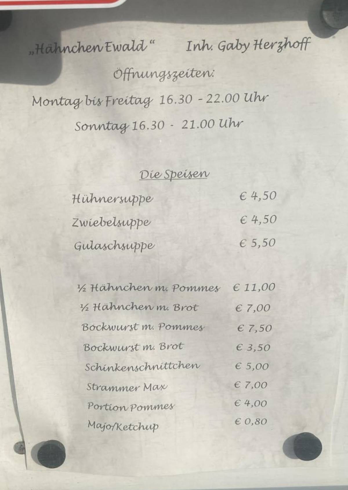 Speisekarte von Hähnchen Ewald restaurant, Kürten
