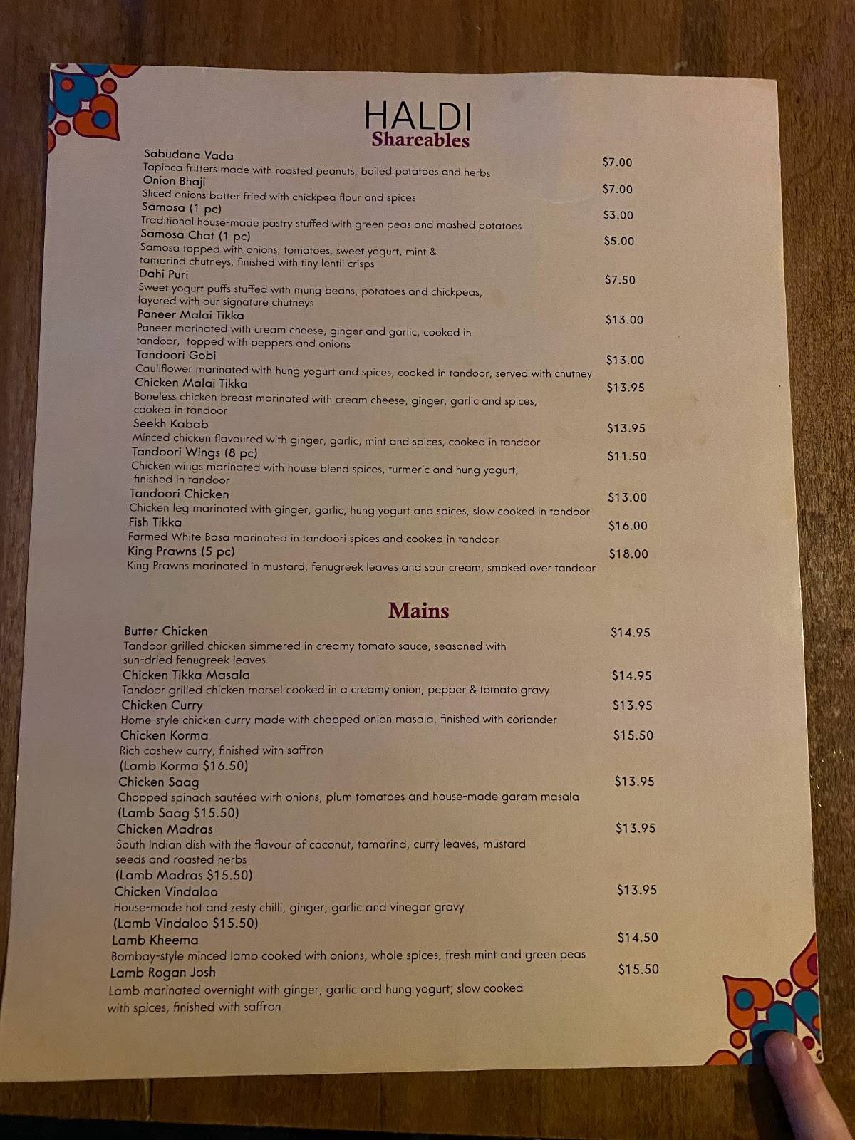 Menu at Haldi restaurant, Toronto