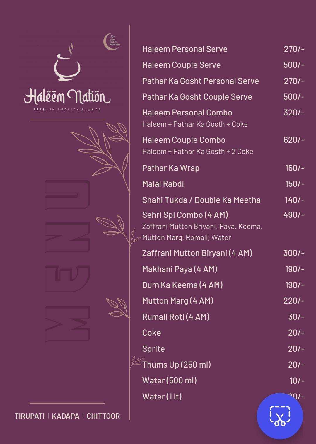 Menu at Haleem Nation, Tirupati