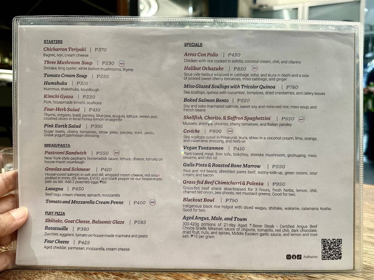 Menu at Half Saints restaurant, Quezon City
