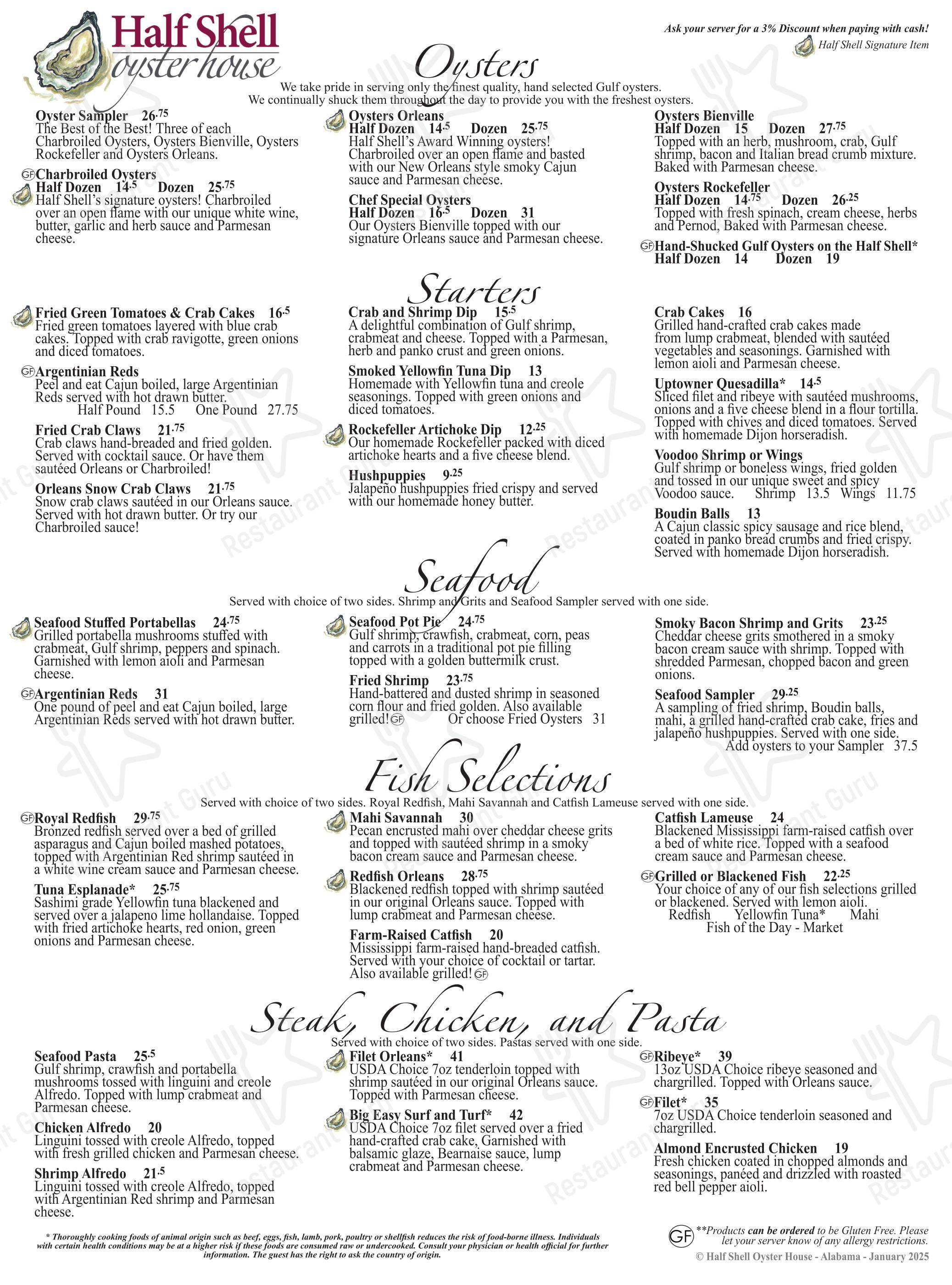 Menu at Half Shell Oyster House Trussville restaurant, Trussville
