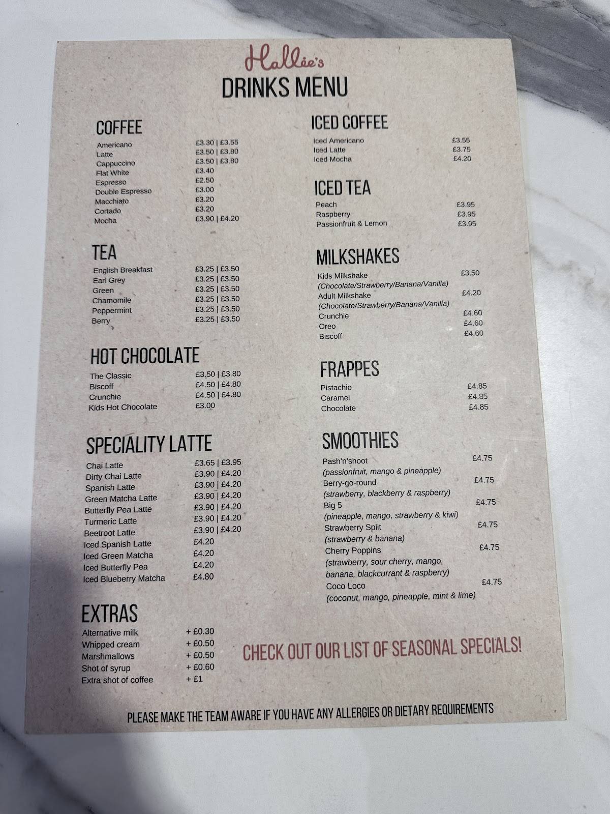 Menu at Hallies Cafe, Solihull