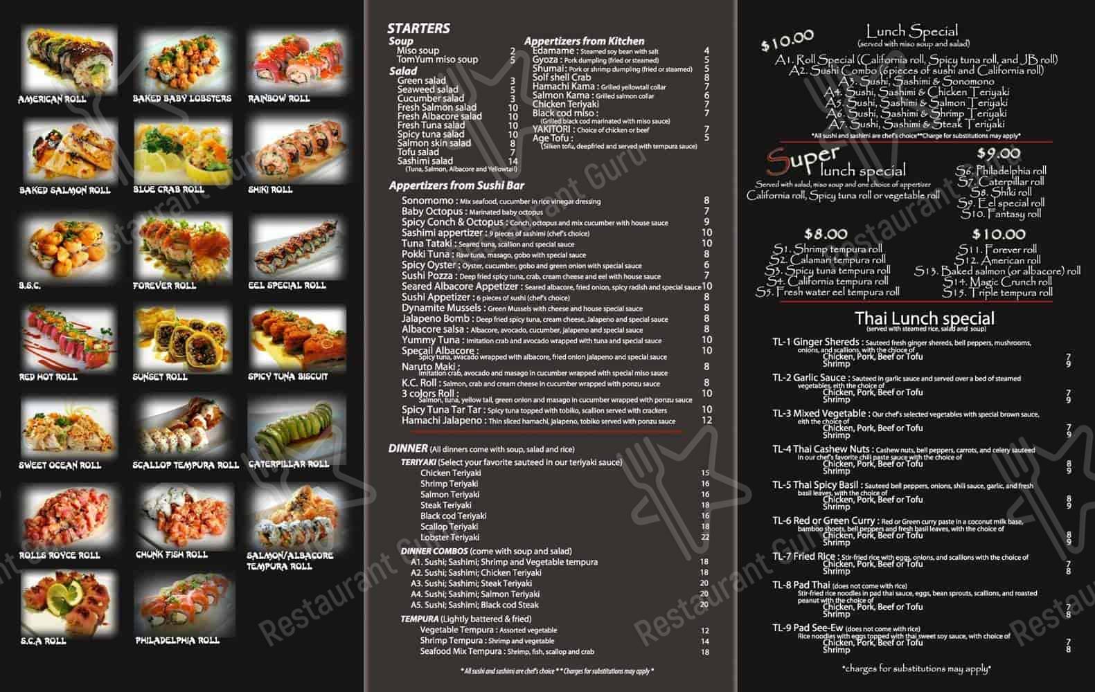 Menu at Hamachi Thai and Sushi Restaurant, Coral Springs