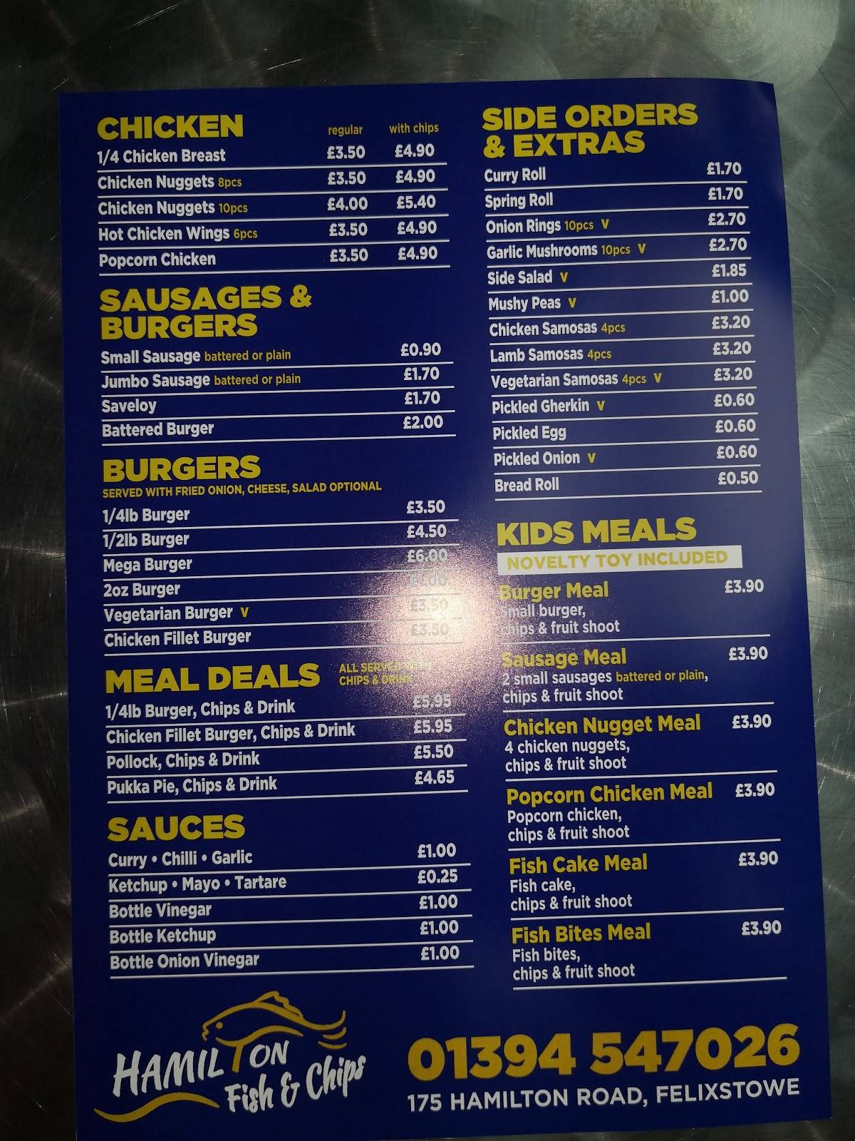 Menu at Hamilton Fish & Chips fast food, Felixstowe