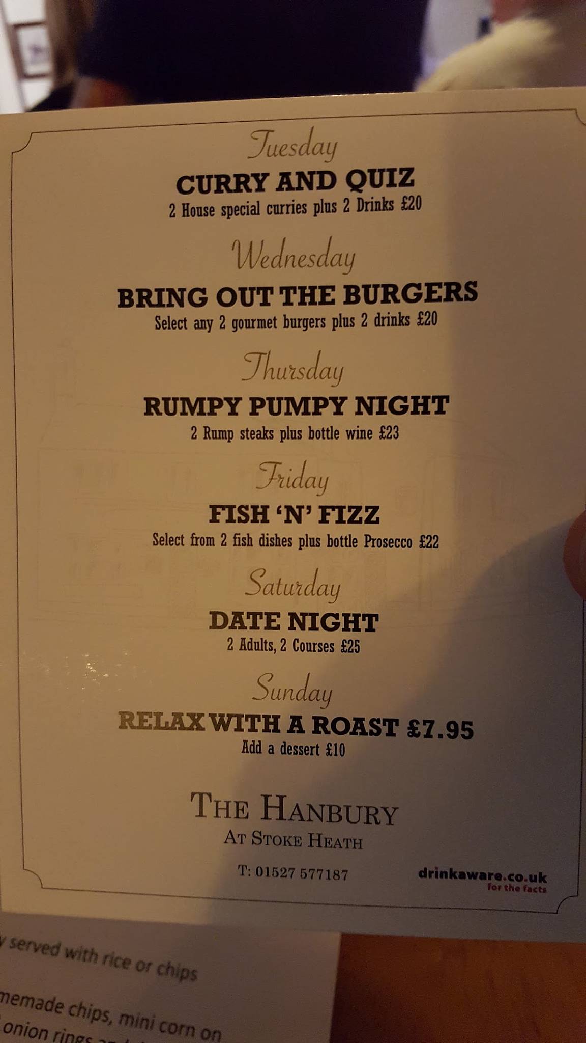 Menu at Hanbury Turn pub & bar, Bromsgrove