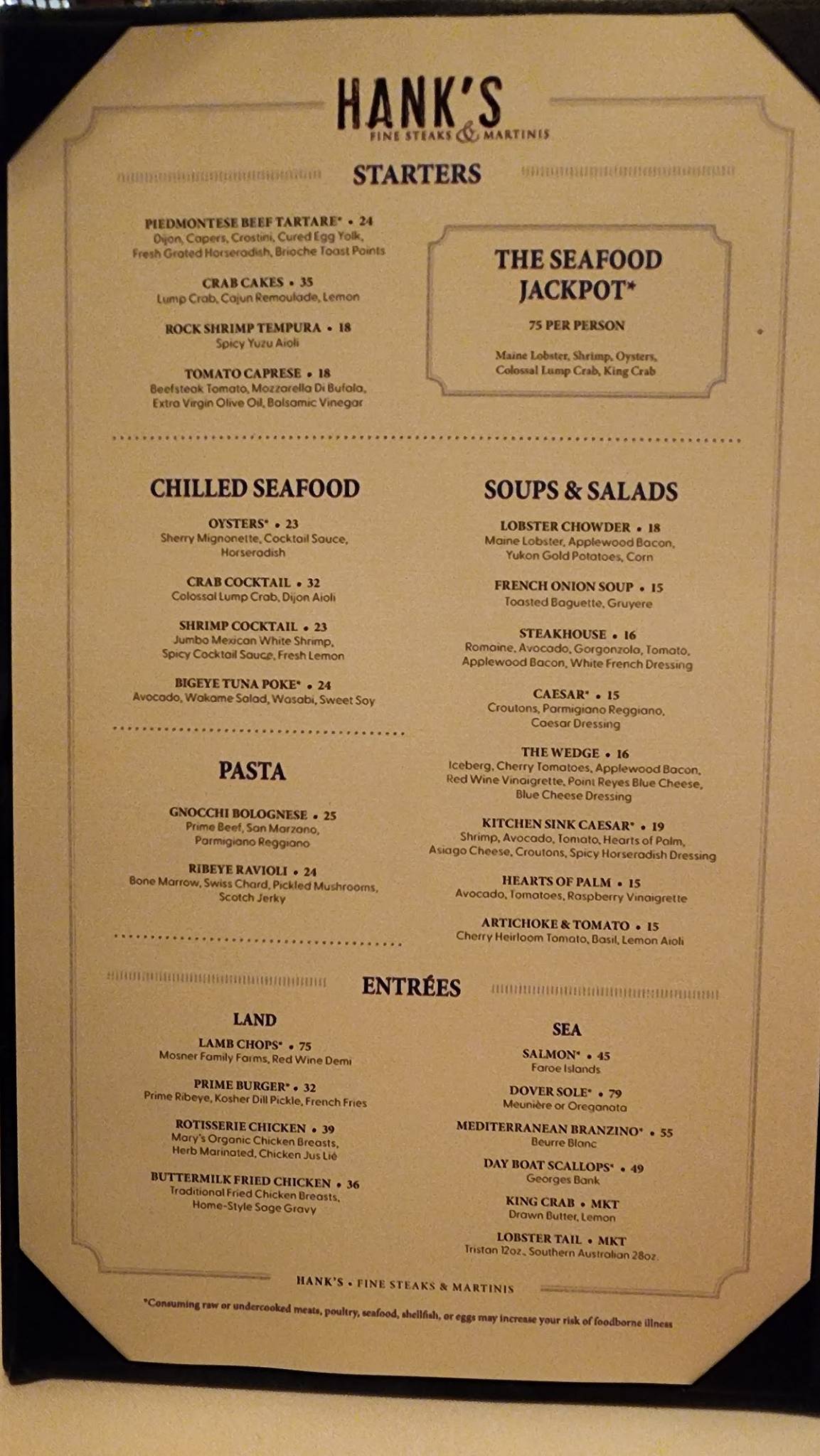 Menu at Hank's Fine Steaks & Martinis pub & bar, Henderson