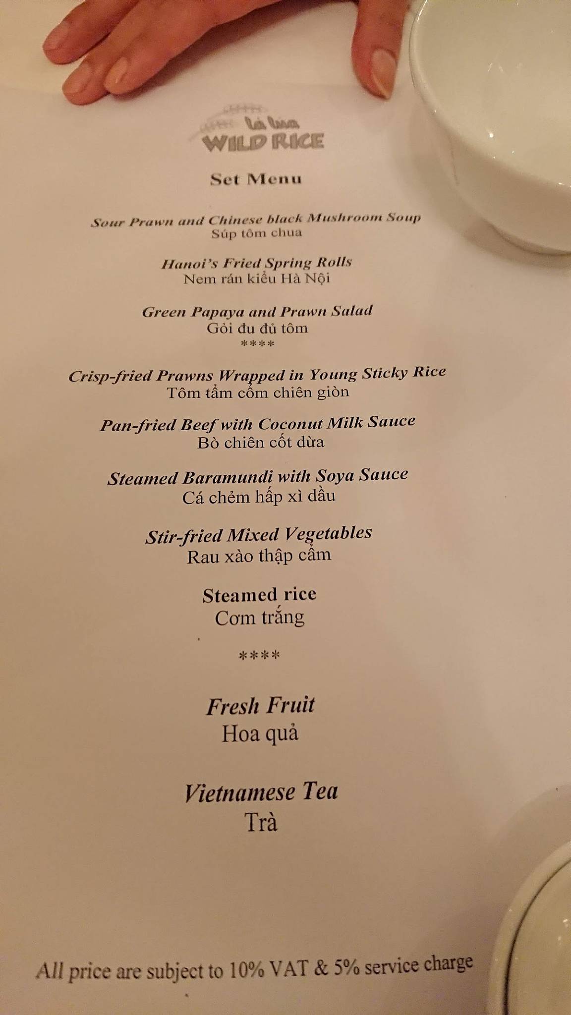 Menu at Wild Rice Restaurant, Hanoi