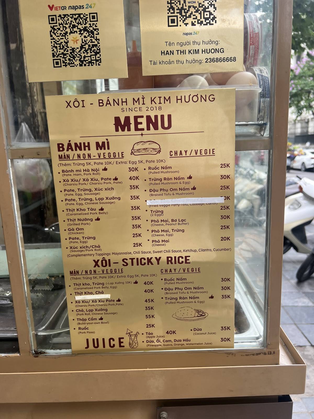 Menu at Xoi Banh Mi Kim Huong restaurant, Hanoi