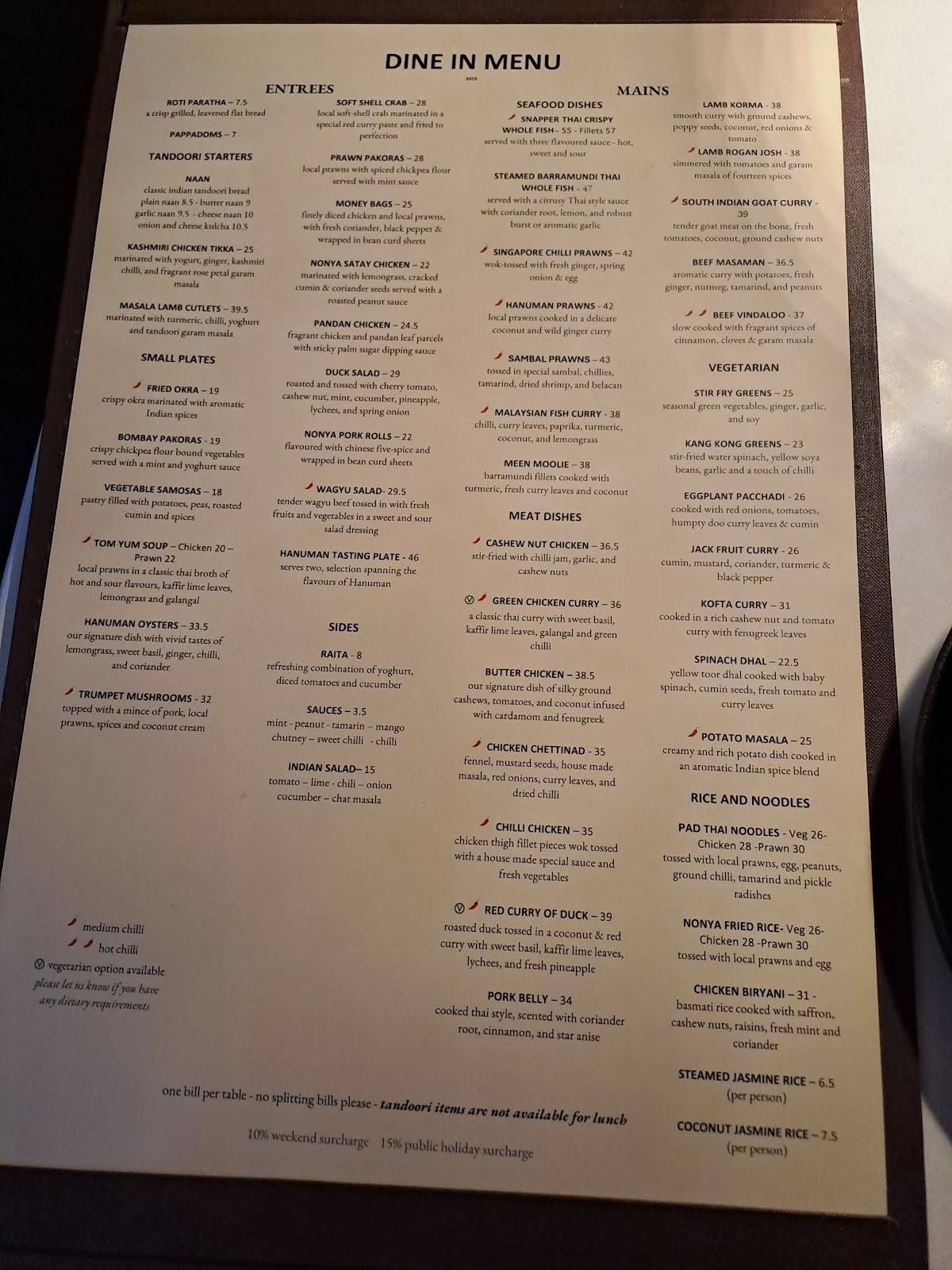 Menu at Hanuman Restaurant Darwin, Darwin City