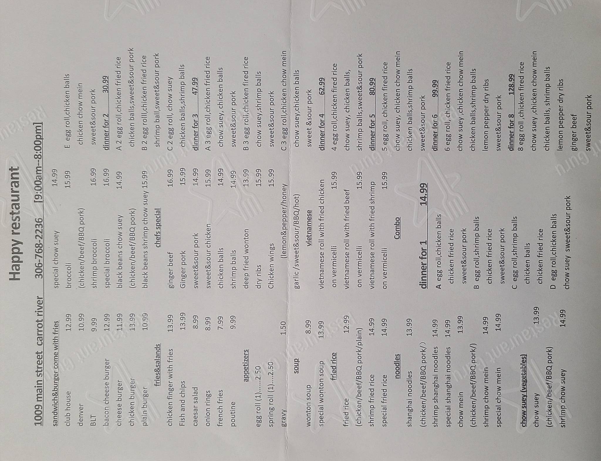 Menu at Happy Restaurant, Carrot River