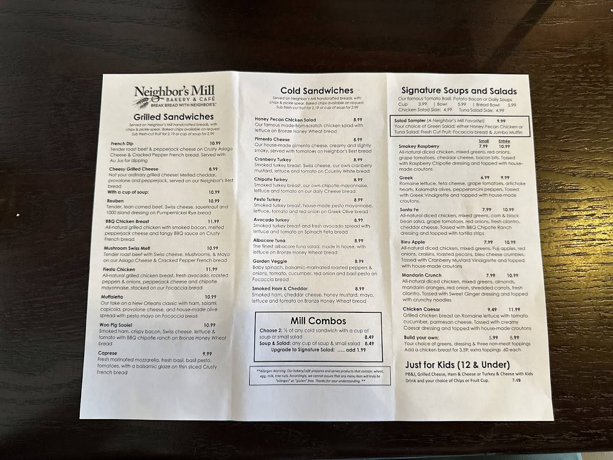 Menu at Neighbor's Mill Bakery & Cafe, Harrison, 1012 N Highway 62 65 Bus