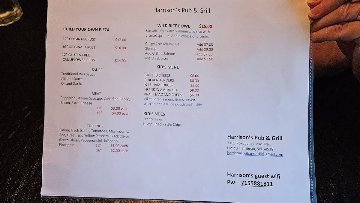 Menu at Harrison's Pub and Grill, Lac du Flambeau