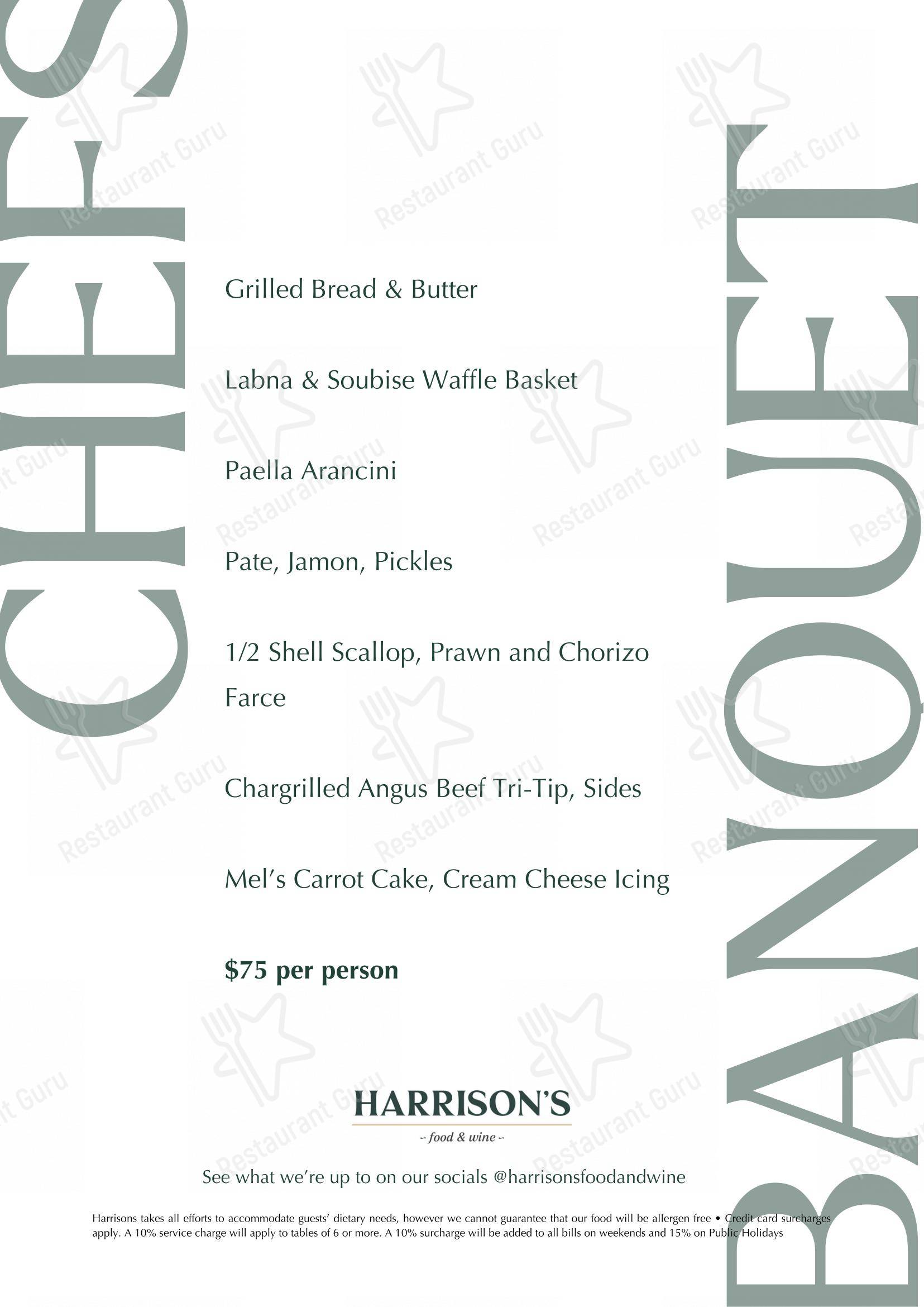 Menu at Harrisons food & wine restaurant, Hamilton