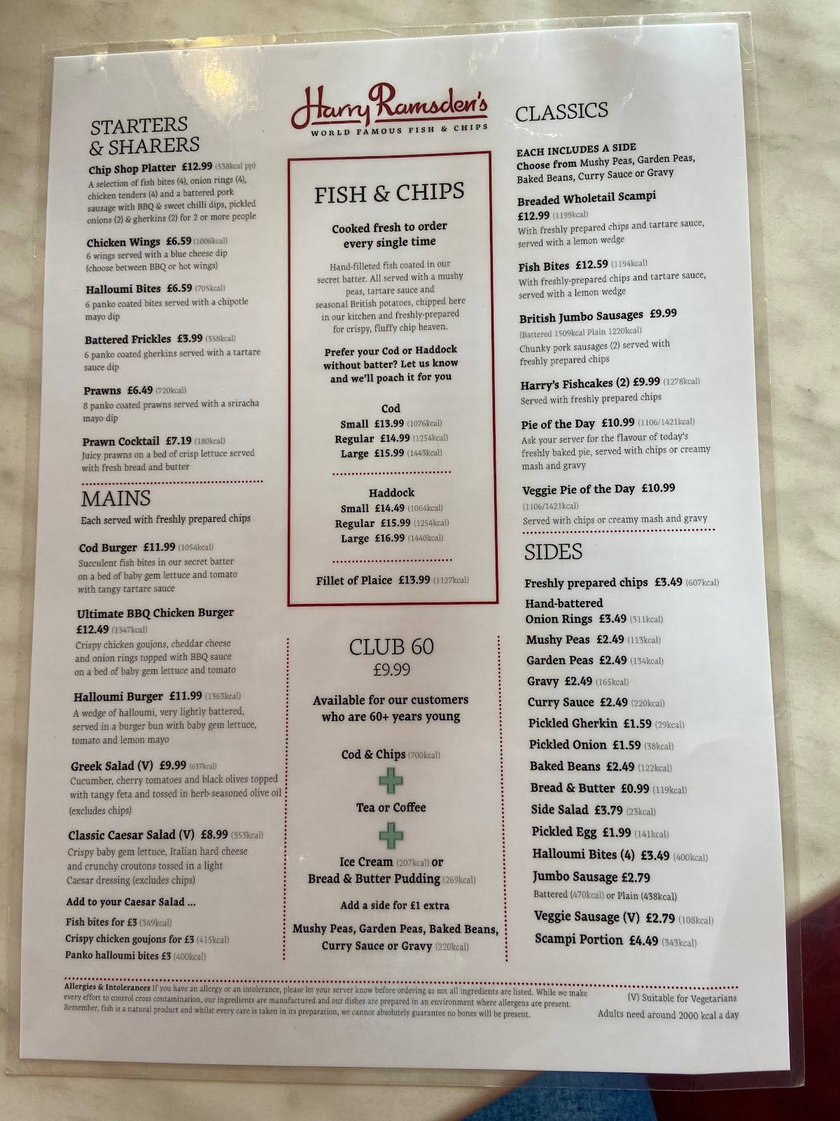 Menu at Harry Ramsden's restaurant, Bournemouth