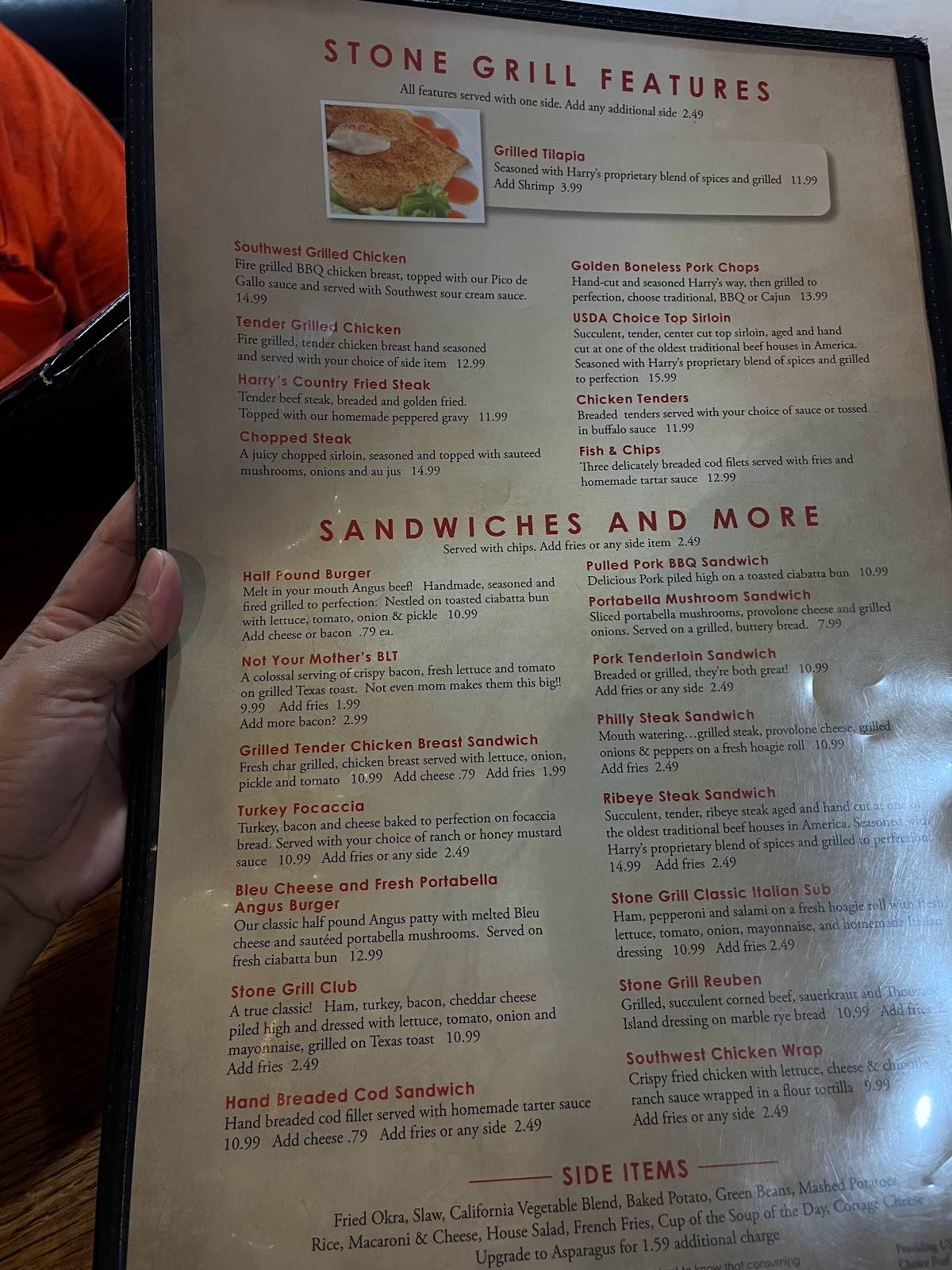Menu at Harry's Stone Grill restaurant, Madison, 621 Clifty Dr