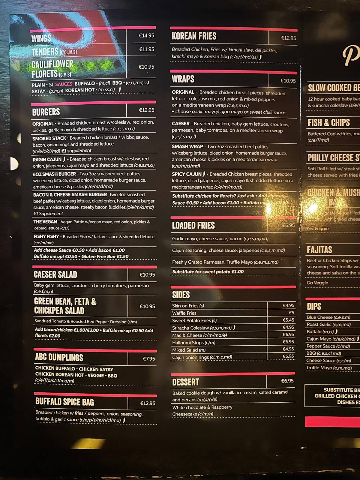 Menu at Harty's Bar, Dublin