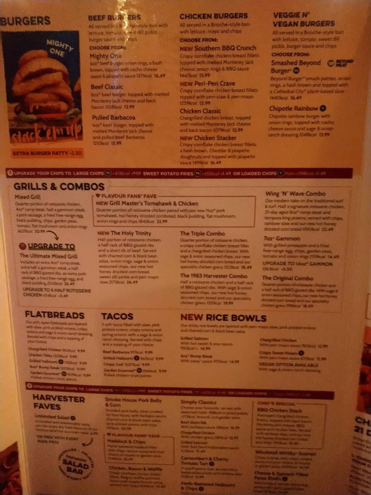 Menu at Harvester Arden Oak Birmingham restaurant, Birmingham