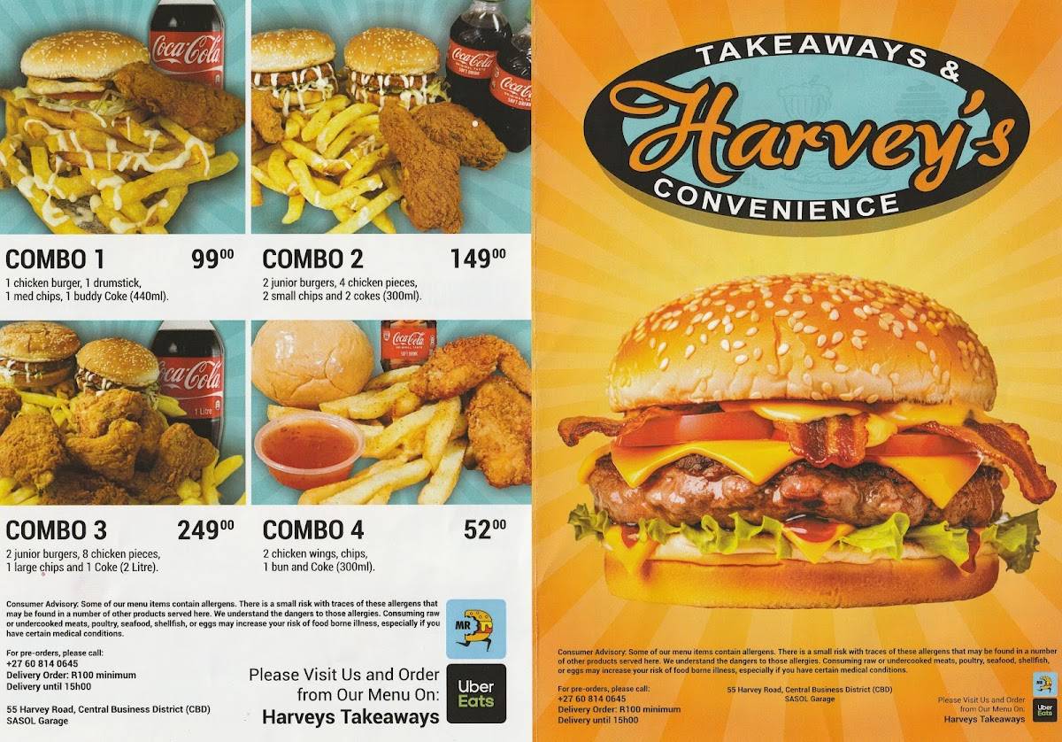 Menu at Harvey's takeaways restaurant, Bloemfontein, 55 Harvey Rd