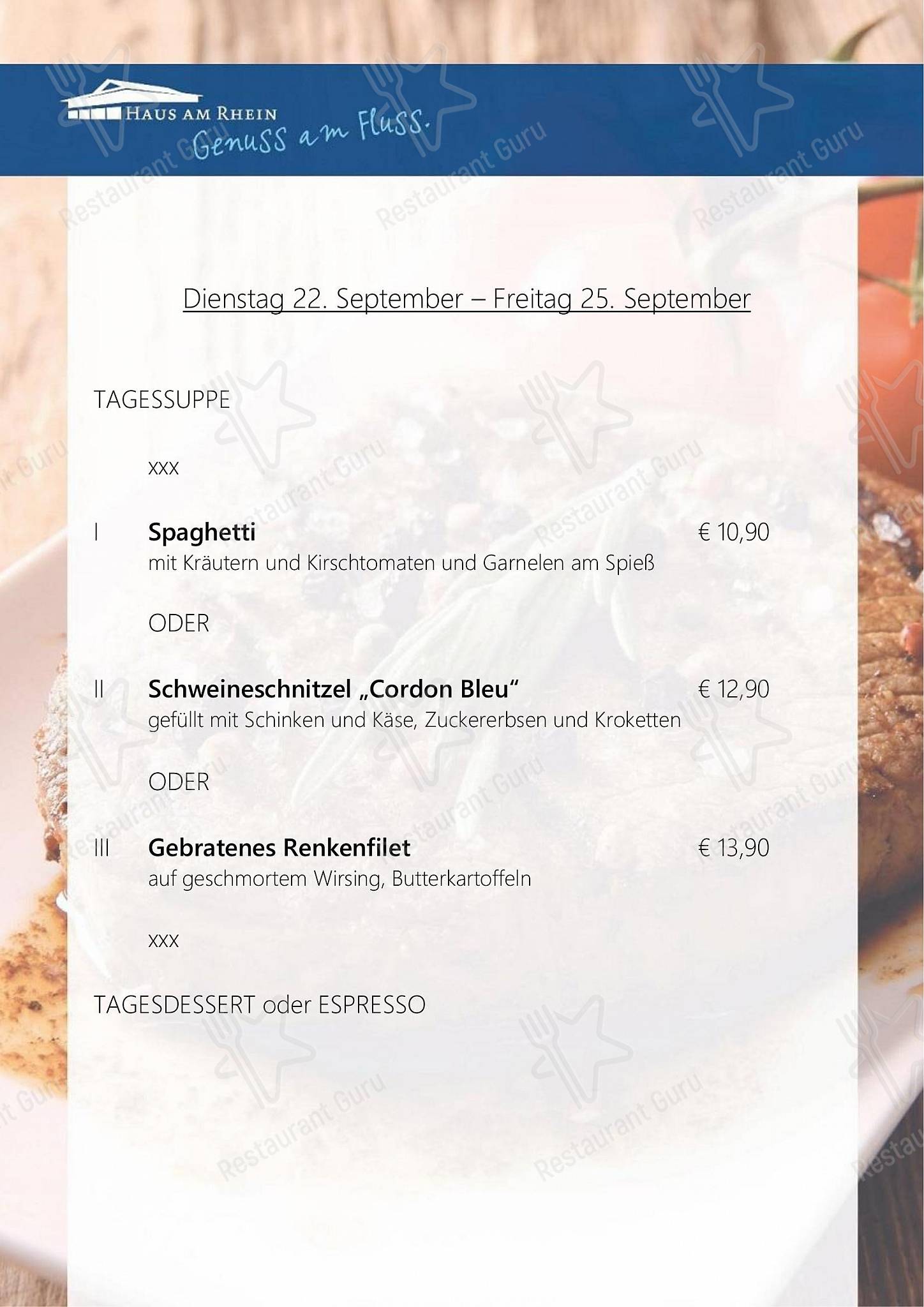 Speisekarte von Haus am Rhein restaurant, Bonn