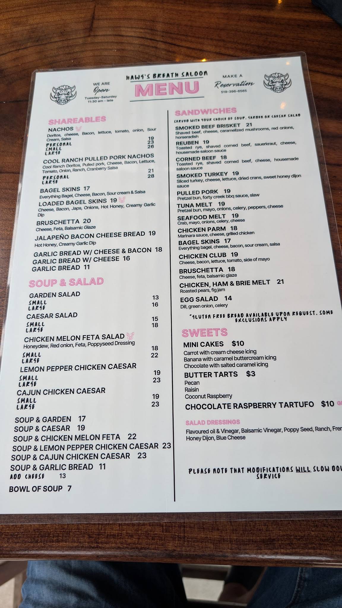 Menu at Hawgs Breath Saloon restaurant, Kincardine