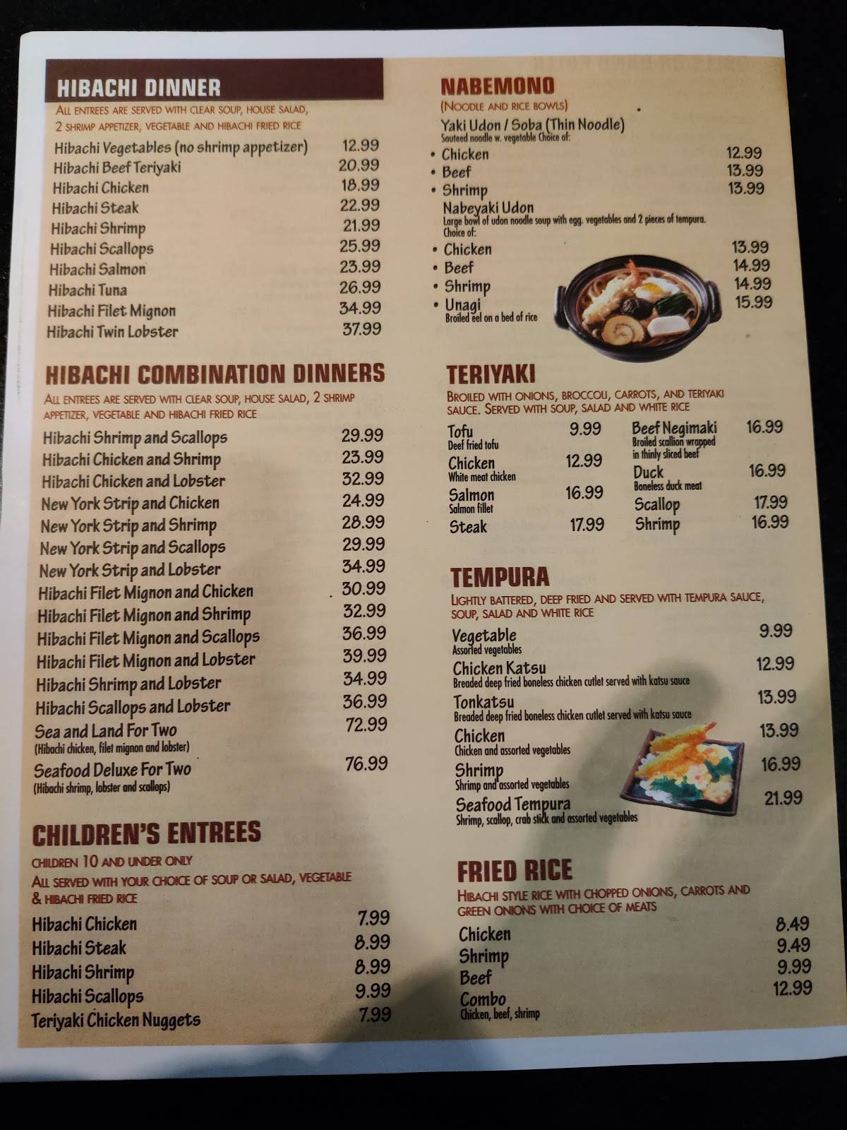 Menu at Hayashi Midtown restaurant, Lubbock, 19th St