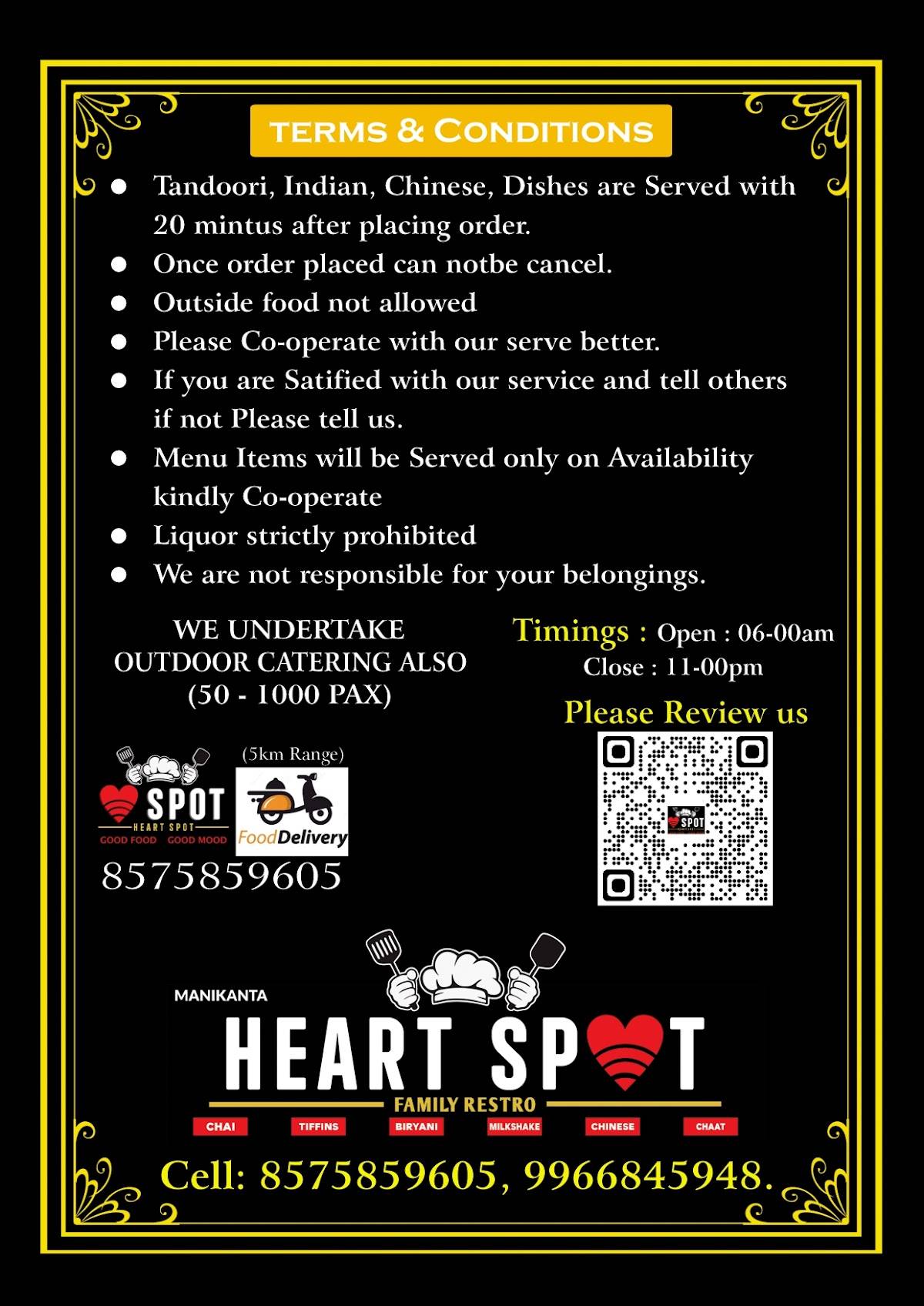 Menu at Heart spot, Warangal