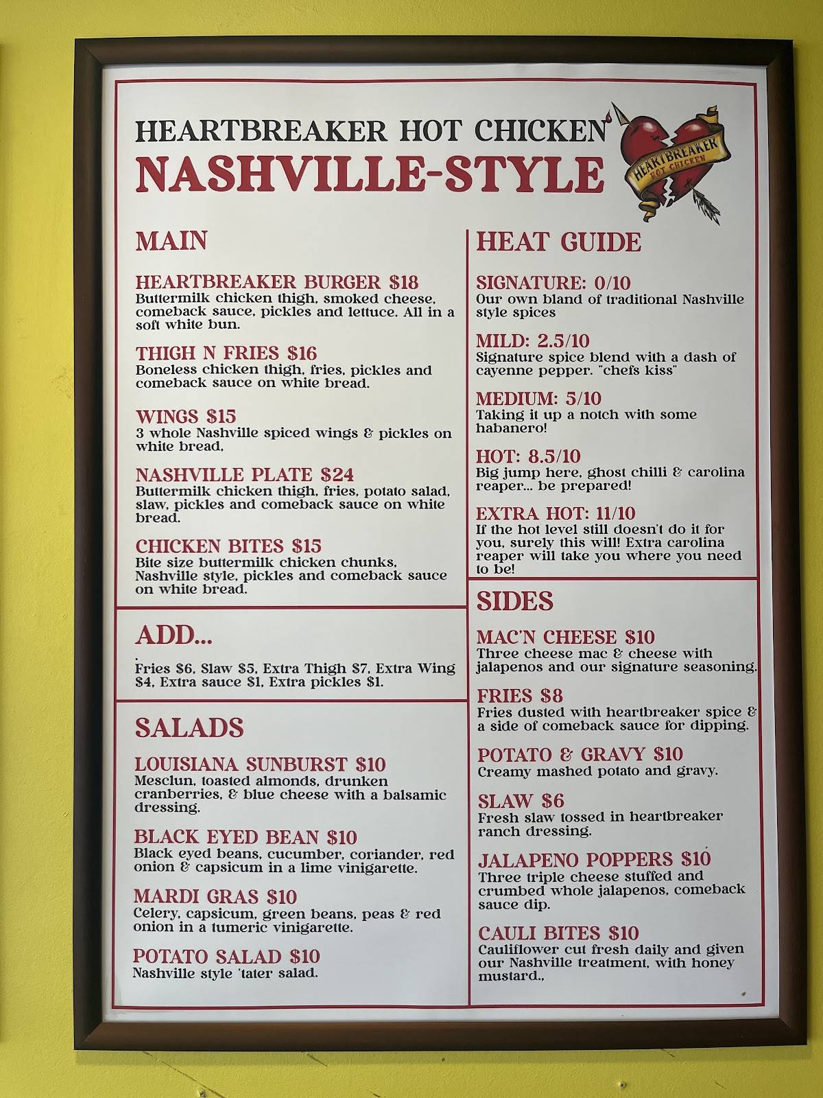 Menu at Heartbreaker - Nashville Style Hot Chicken restaurant, Lower Hutt