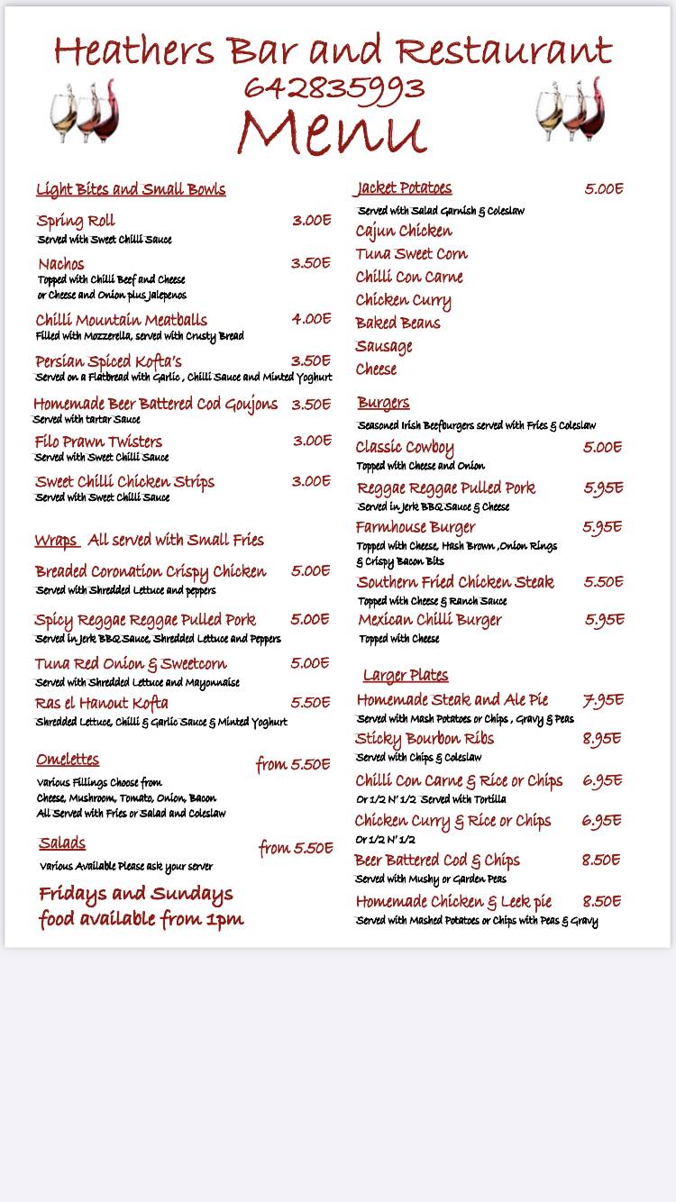 Menu at Heathers Bar, La Alfoquía