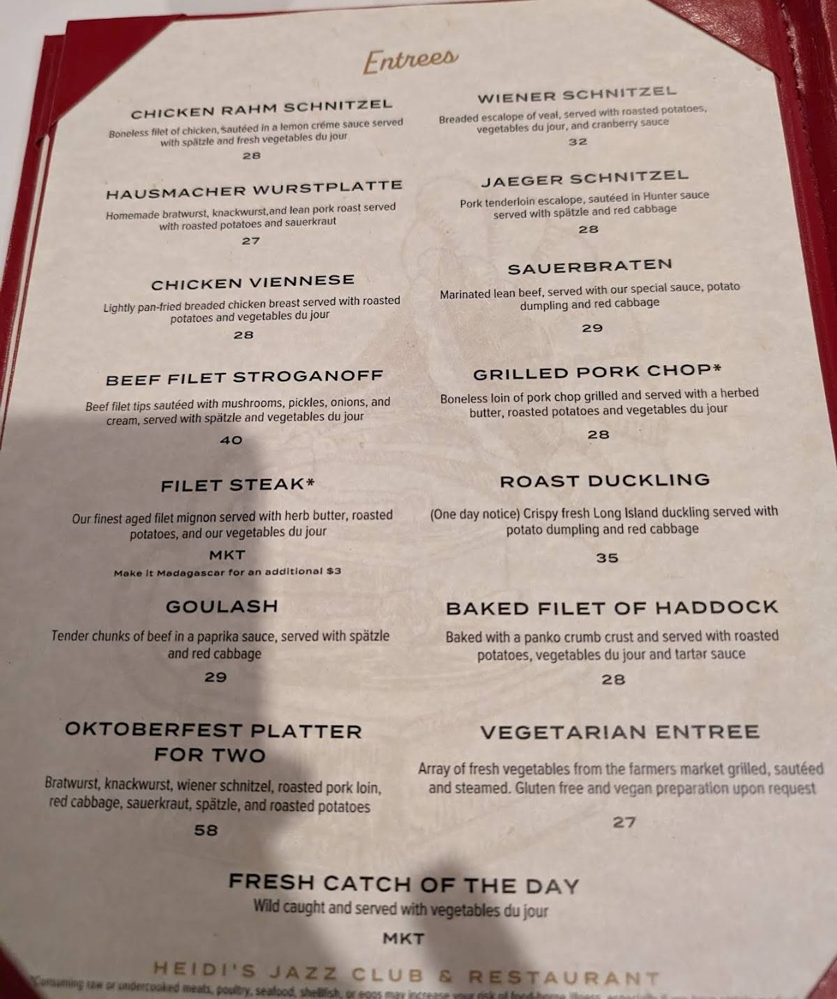 Menu at Heidi's Jazz Club & Restaurant, Cocoa Beach