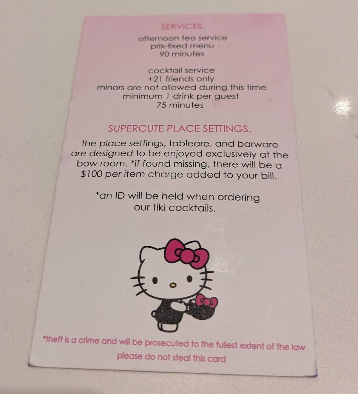 Menu at Hello Kitty Café cafe, Irvine