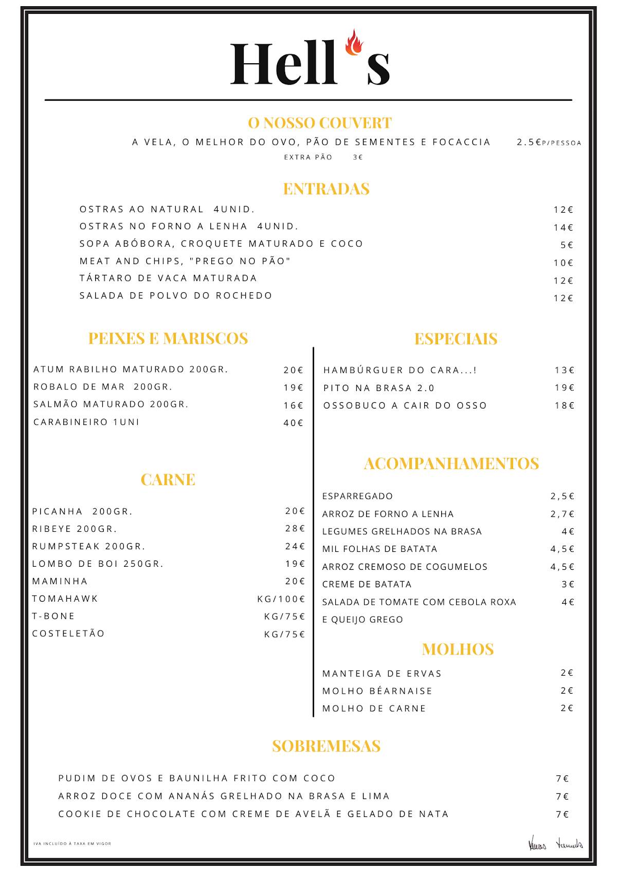 Menu em Hell's table restaurante, Vila Verde