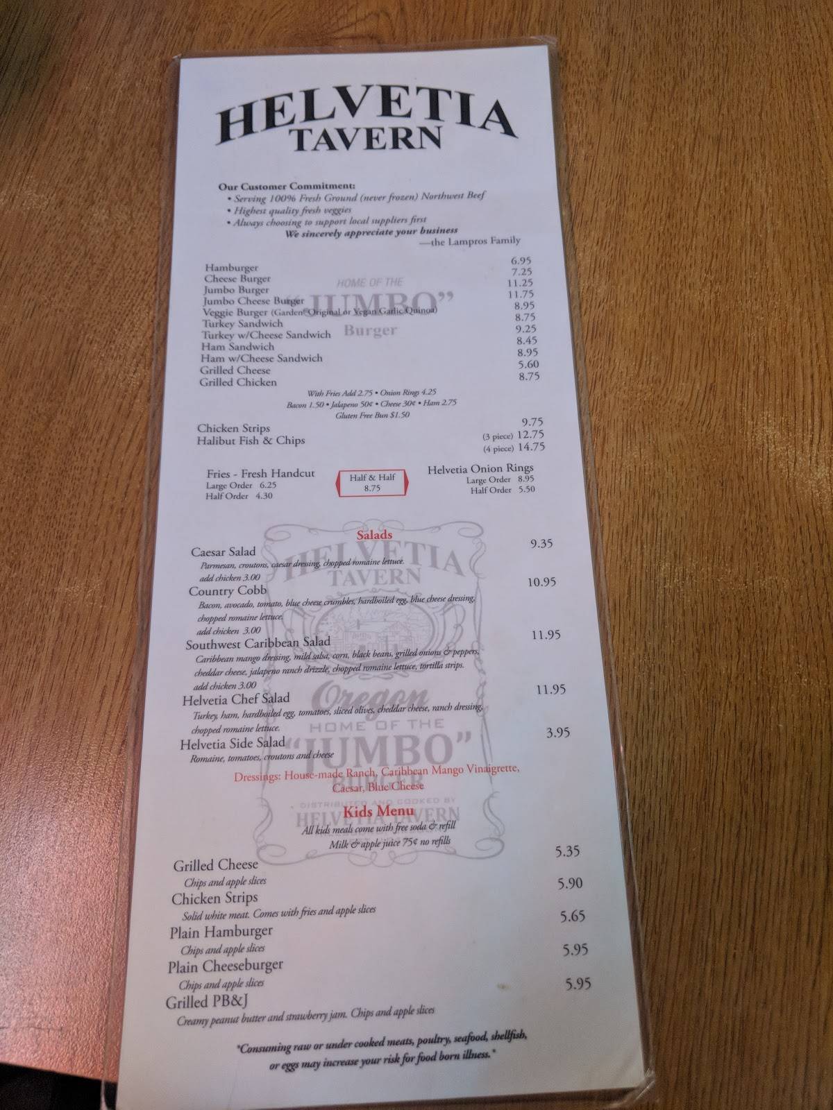 Menu at Helvetia Tavern pub & bar, Hillsboro, NW Helvetia Rd