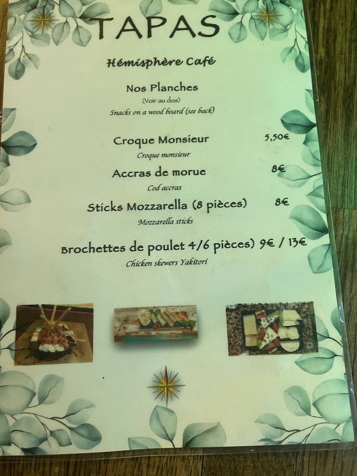 Menu at Hémisphere Café, Cannes