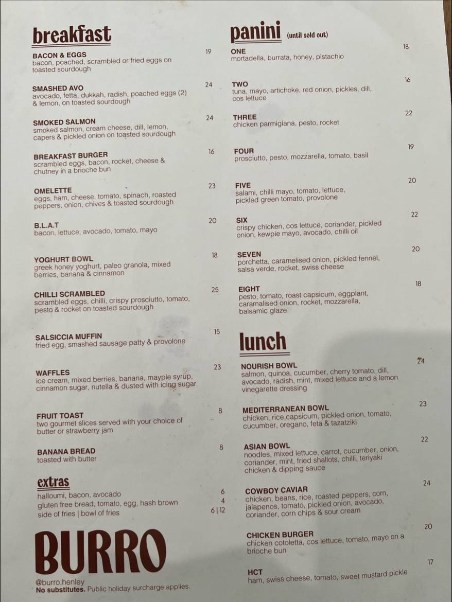 Menu at Burro cafe, Henley Beach