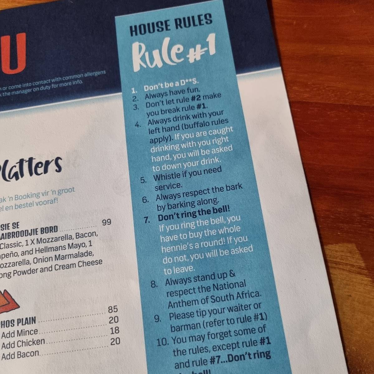 Menu au Hennie's Montana Restaurant, Pretoria