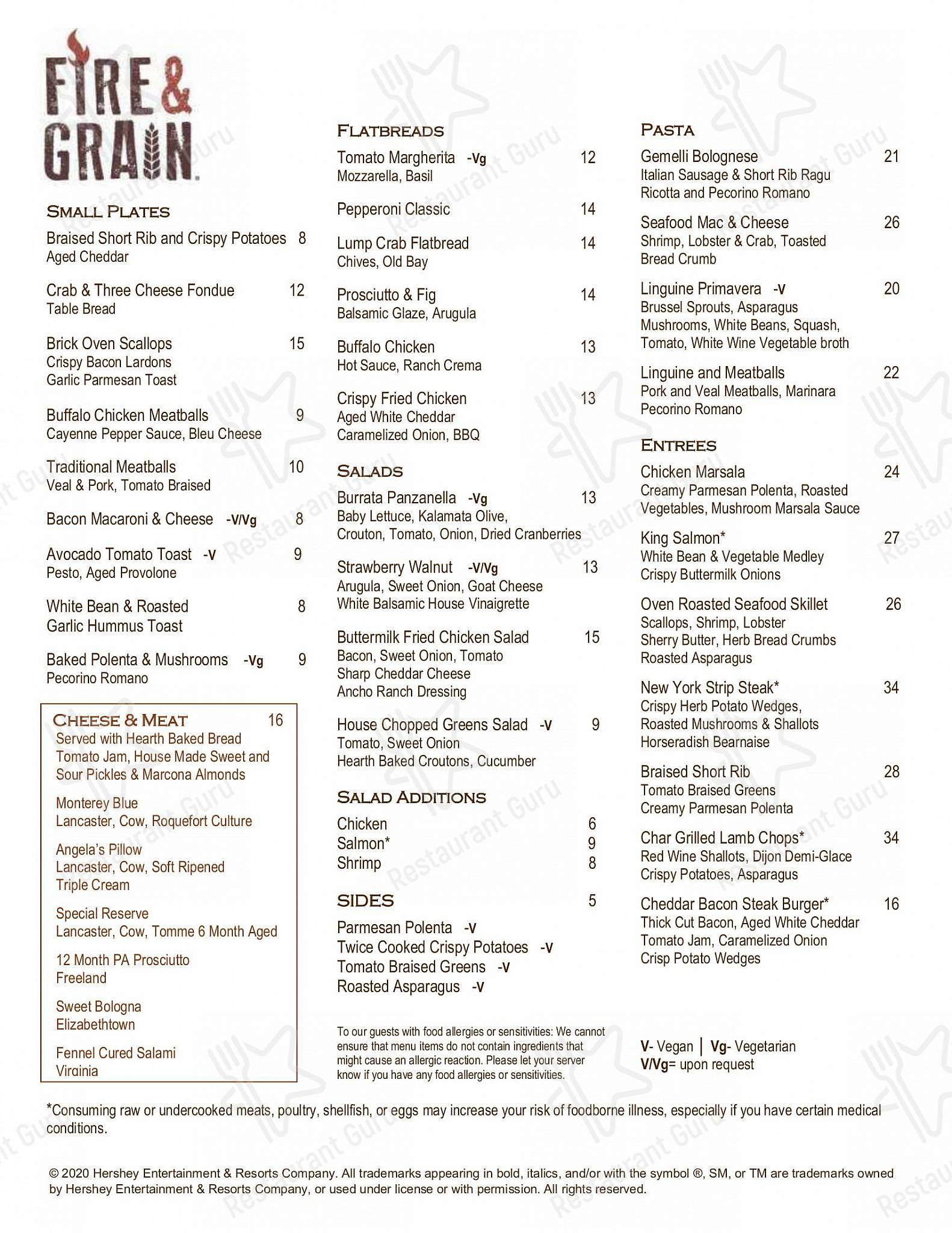 Menu at Fire & Grain at Hershey Lodge pub & bar, Hummelstown