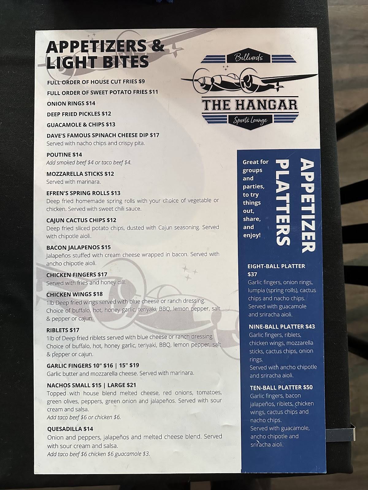 Menu at Hidden Pocket Billiards, Bar & Bistro, Winnipeg