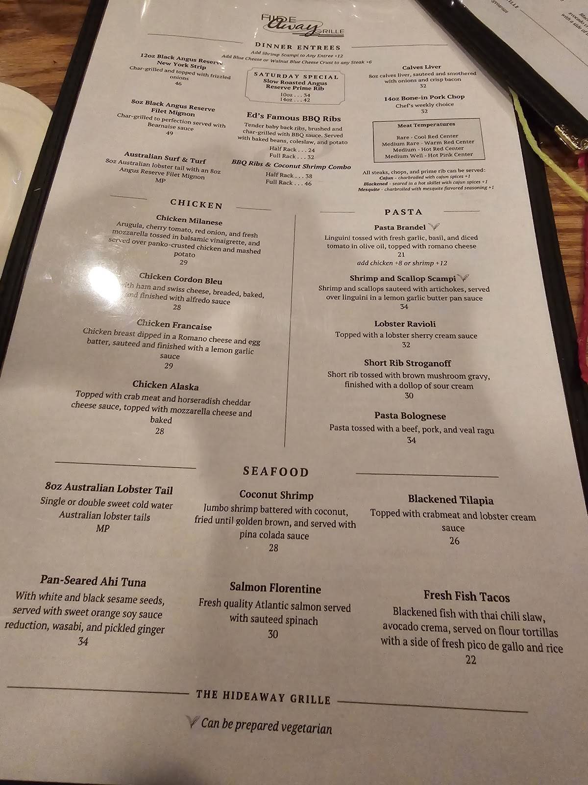 Carta del restaurante Hideaway Grille, North Tonawanda