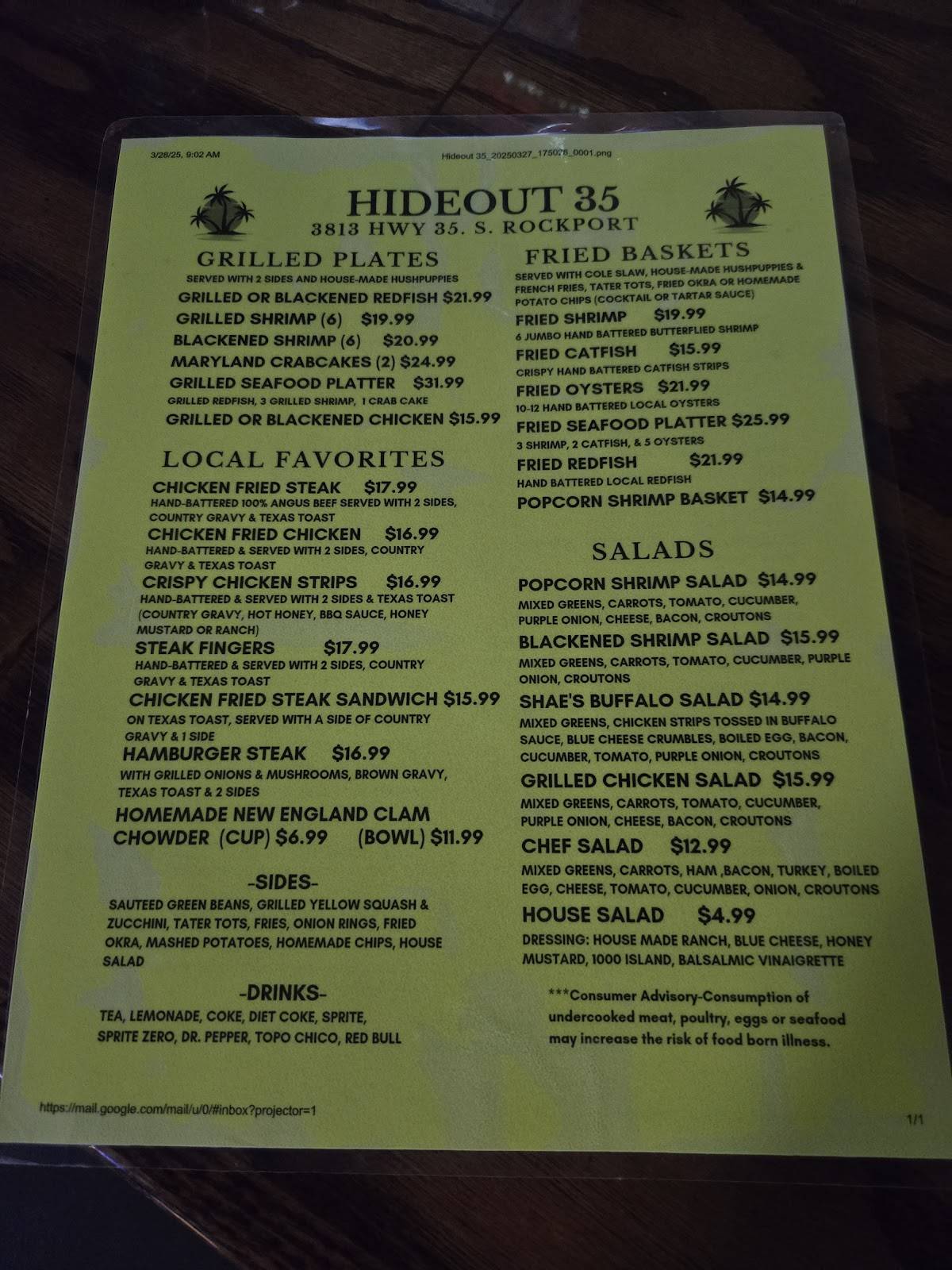 Menu at Hideout 35 pub & bar, Rockport, Hwy 35 S