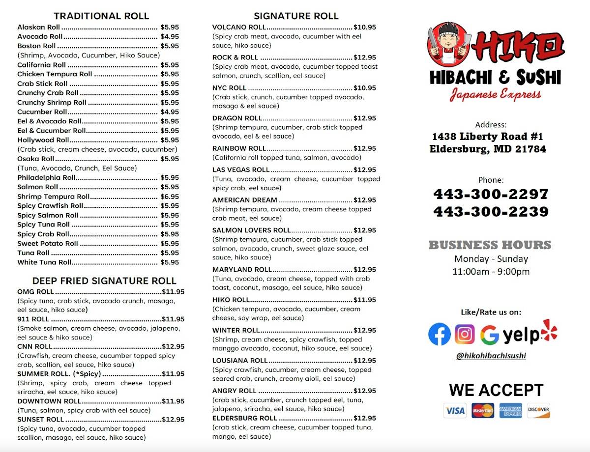 Menu at Hiko Hibachi & Sushi - Japanese Express restaurant, Eldersburg