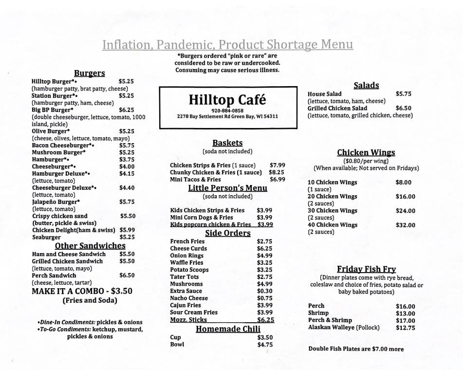 Menu at Hill Top Cafe, Green Bay